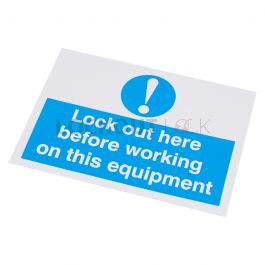 10 x Adhesive Labels - 'Lockout Here Before Working'